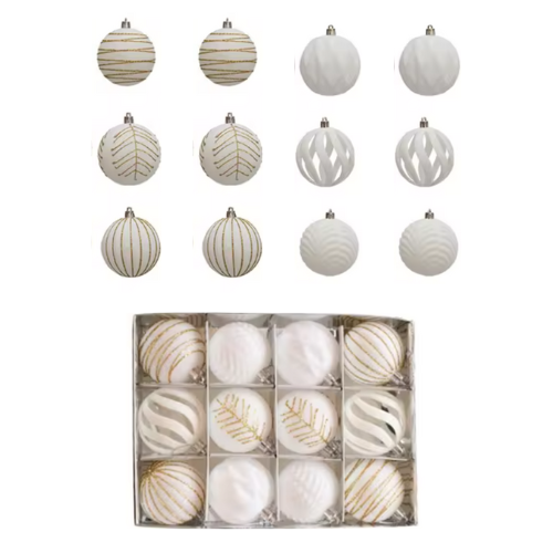 Set Of 12: White Flocked Luxury Christmas Baubles With Gold Glitter